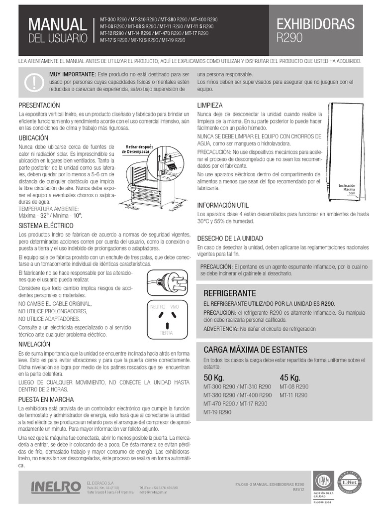 Pa.040 3 Folleto Manual de Uso Exhibidora r290 Rev12 | Descargar gratis PDF | Enchufes y tomas ...