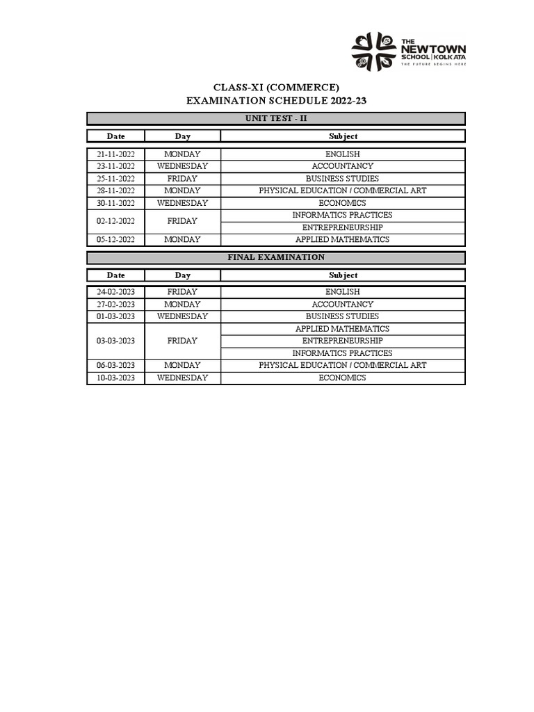 Date Sheet of Class XI Commerce (UT-II & Final Exam) | PDF | Technology & Engineering