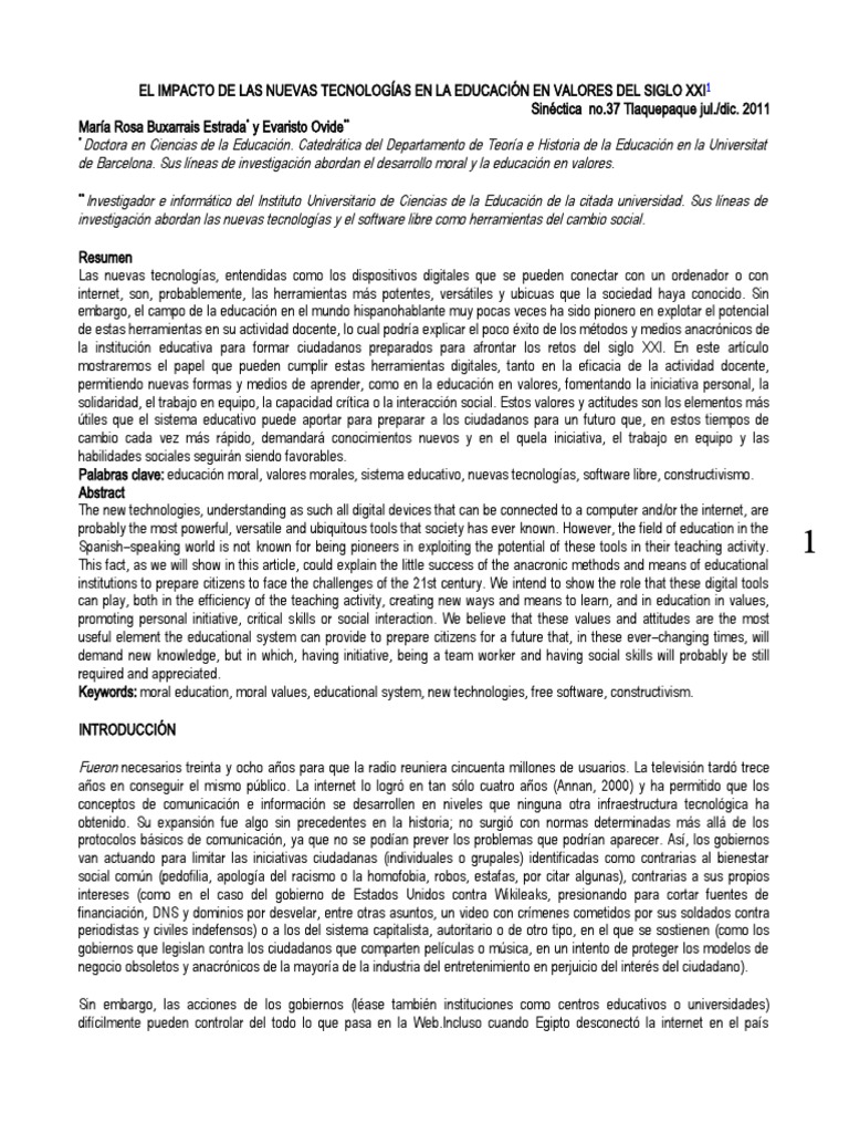 EL IMPACTO DE LAS NUEVAS TECNOLOGÍAS EN LA EDUCACIÓN EN VALORES DEL SIGLO XXI1 | PDF | Software ...