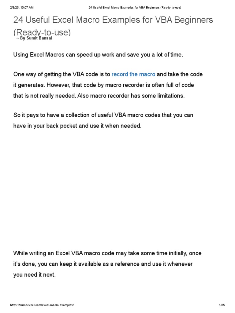 24 Useful Excel Macro Examples For Vba Beginners Ready To Use Pdf Microsoft Excel Visual