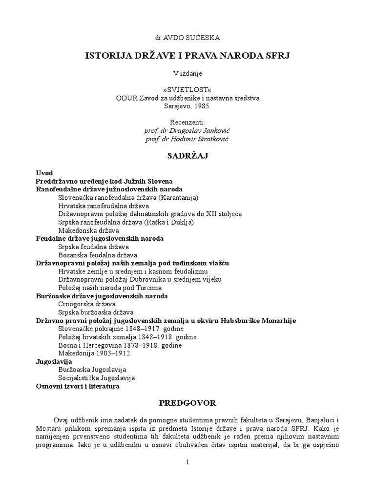 DR Avdo Suceska Istorija Drzave I Prava Naroda SFRJ | PDF