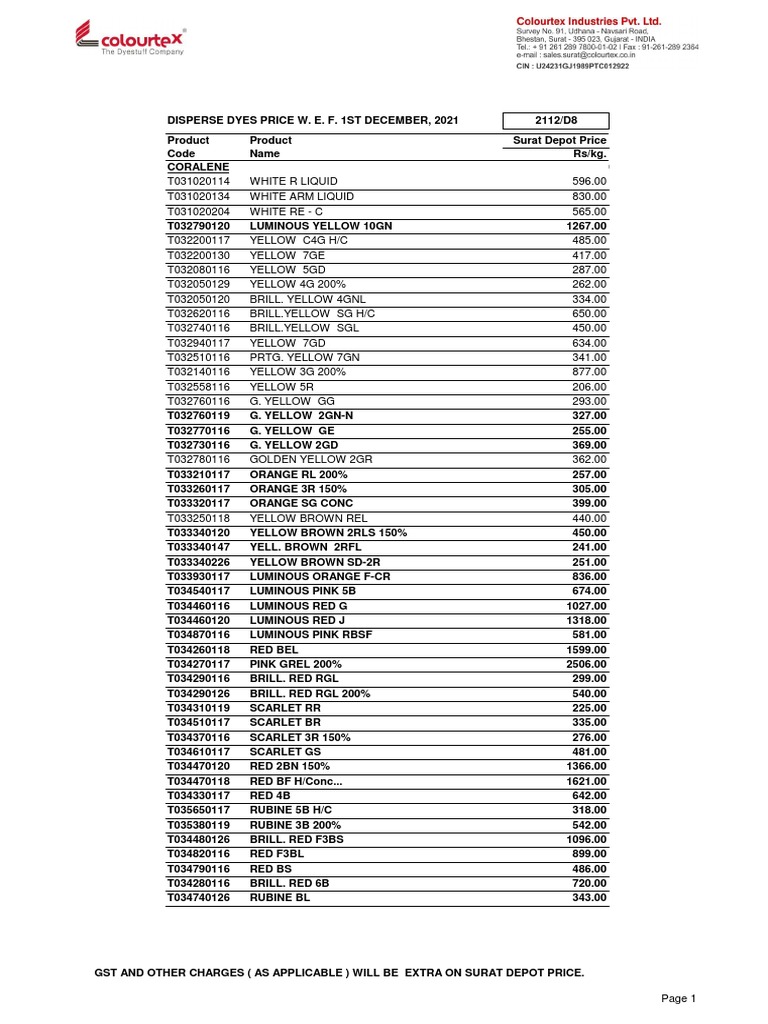 Colourtex Disperse Price List W.E.F. 01.12.2021 | PDF | Yellow | Visual ...