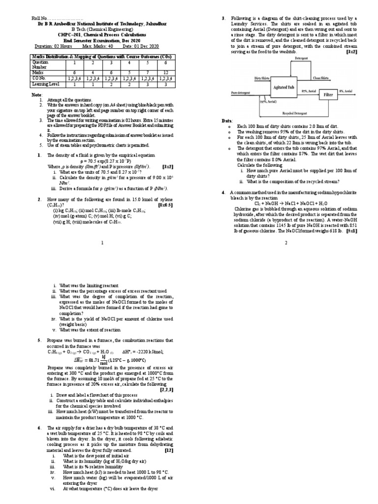 Chemical Process Calculations Exam | PDF | Humidity | Propane