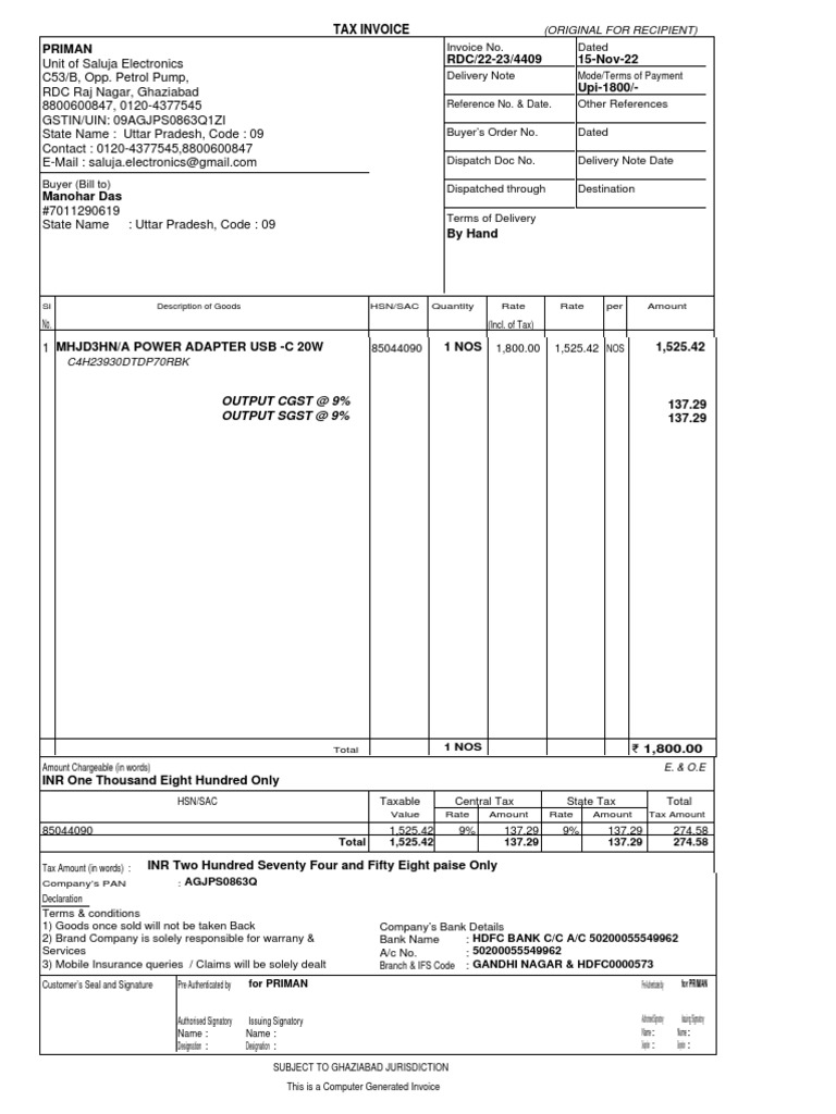 Invoice for the Sale of a USB-C Power Adapter by Priman Electronics ...