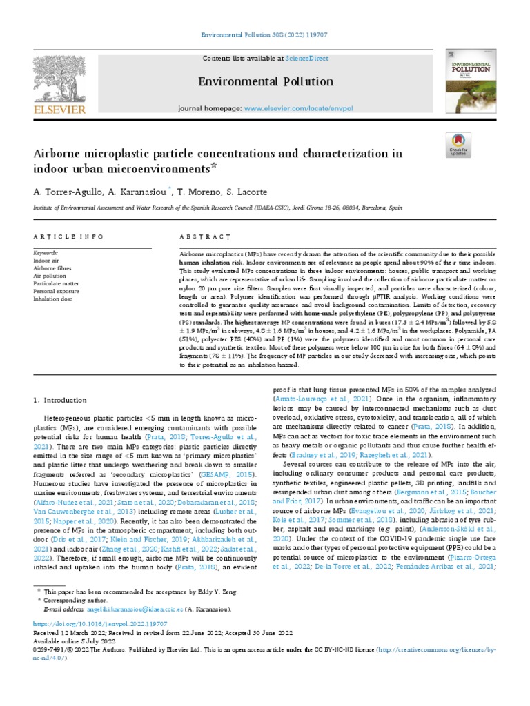 Airborne Microplastic Particle Concentrations and Characterization in Indoor Urban ...
