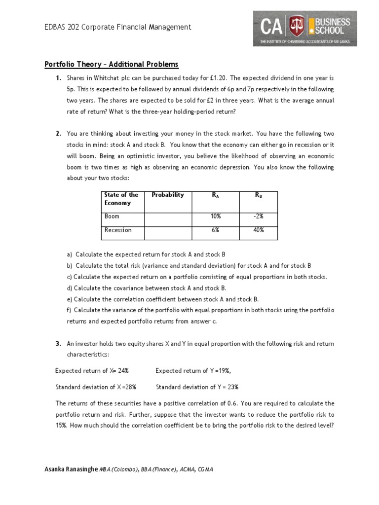 Portfolio Theory - Additional Problems 1 | PDF | Stocks | Modern Portfolio Theory