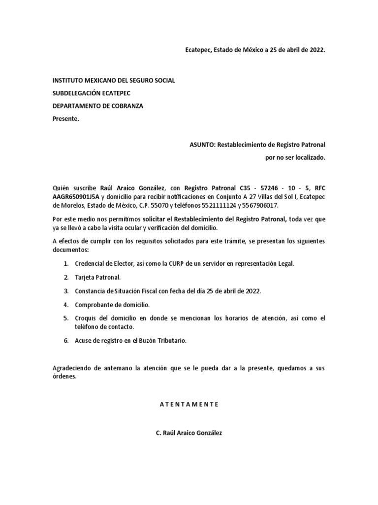 Escrito IMSS Solicitud Reestablecimiento Registro Patronal - Araico ...