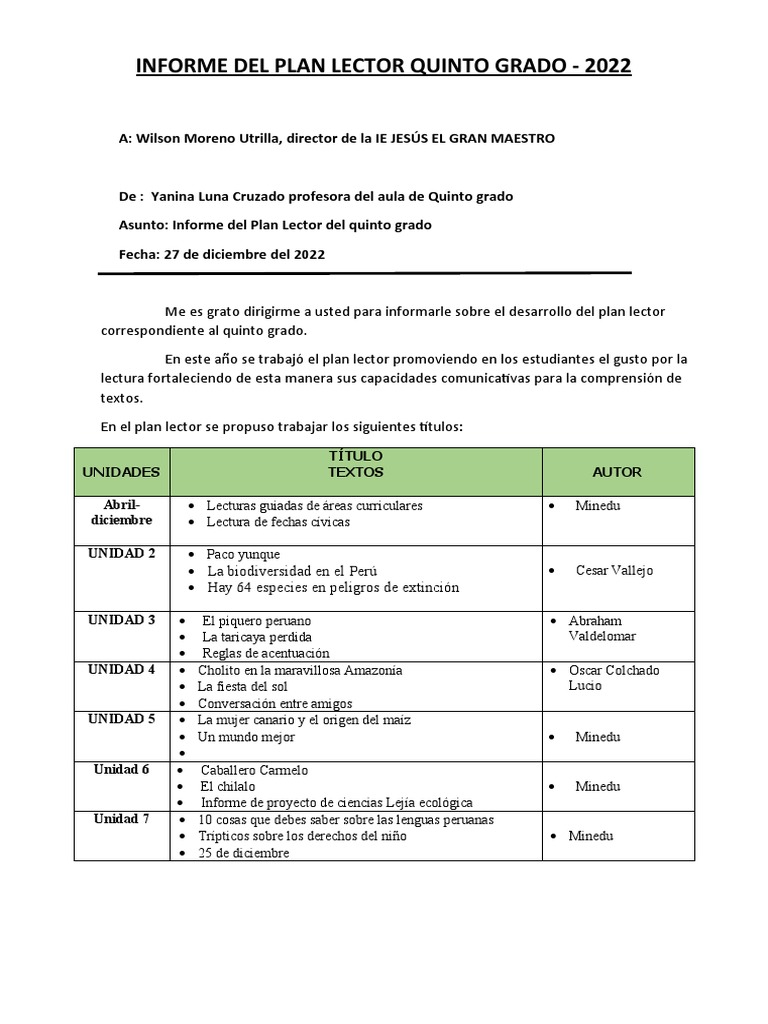 Informe Sobre El Plan Lector 2022 | PDF