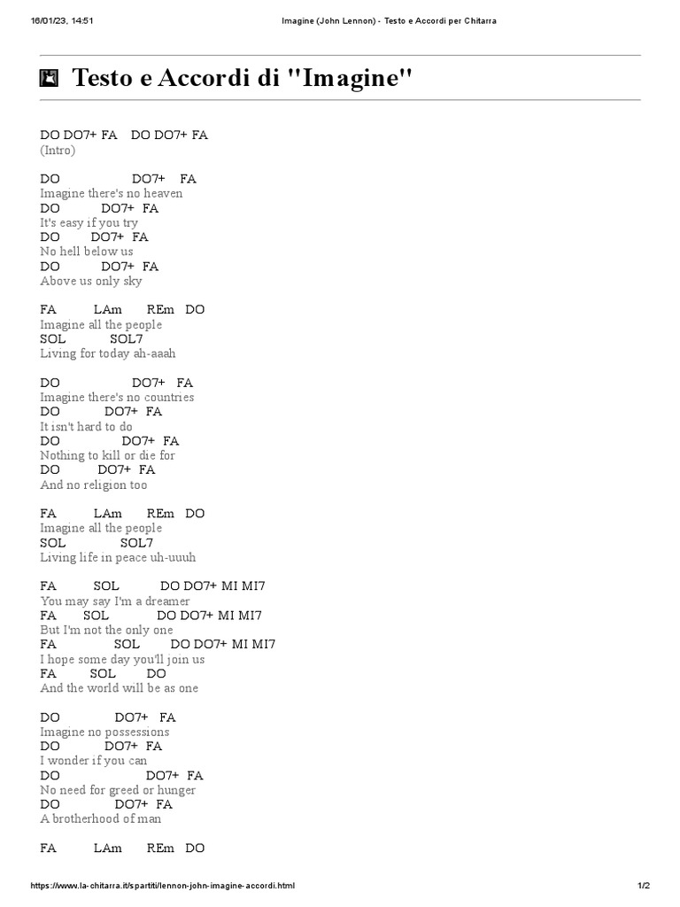 Imagine (John Lennon) - Testo e Accordi Per Chitarra | PDF