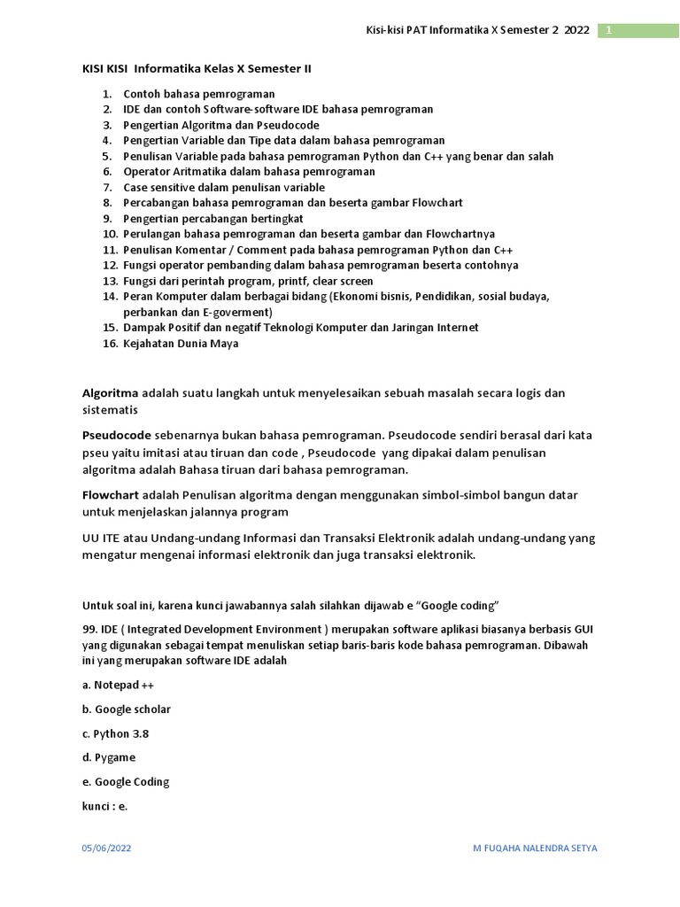 KISI KISI Informatika Kelas X Semester II | PDF