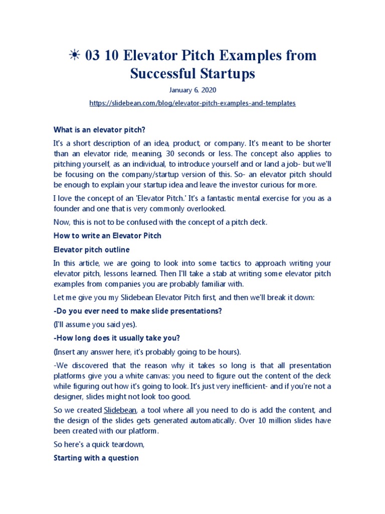 Elevator Pitch Examples for Startups | PDF | Elevator | Steve Jobs