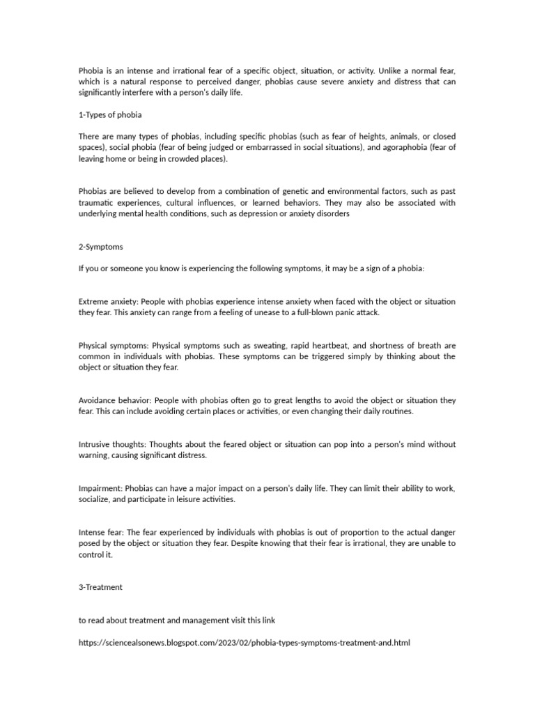 Phobia Types, Symptoms, Treatment and Management | PDF | Science ...