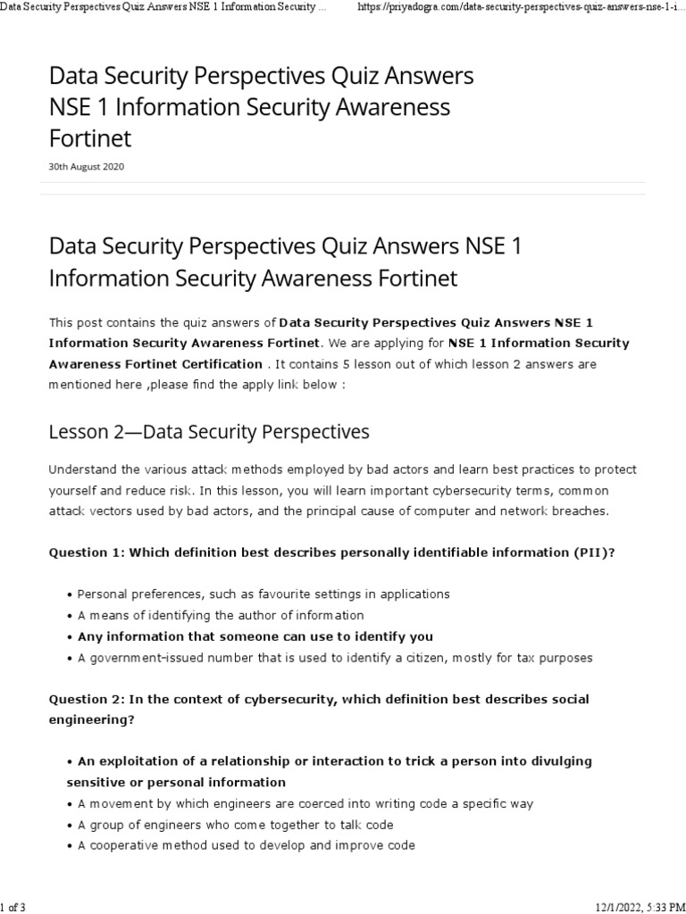 Data Security Perspectives Quiz Answers Nse 1 Information Security Awareness Fortinet Pdf 