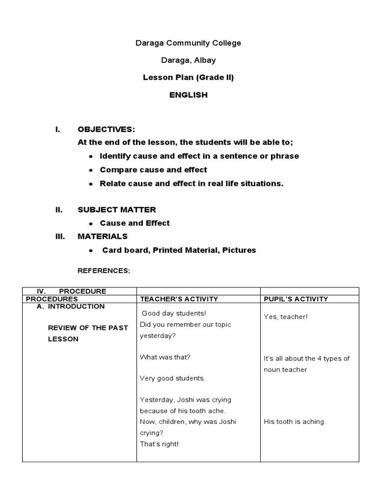 Grade II English Lesson Plan: Cause and Effect | PDF | Linguistics ...
