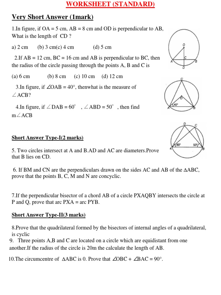 Maths Worksheet Chapter 10 Class 9th | PDF | Circle | Perpendicular
