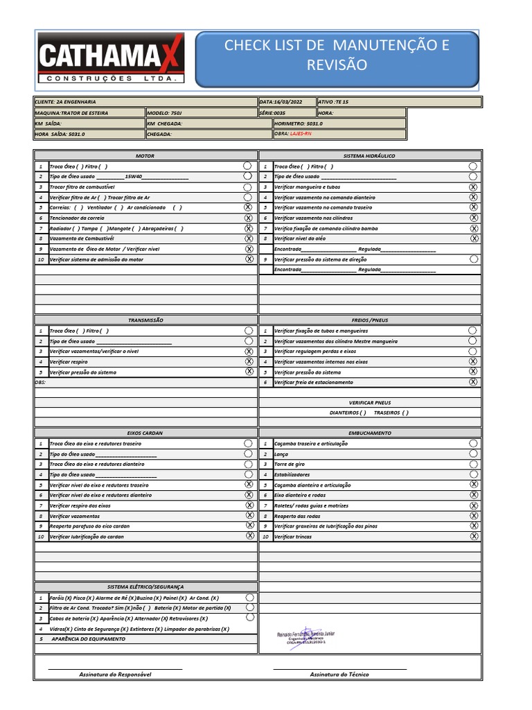 Check list de manutenção e revisão de trator de esteira com ...