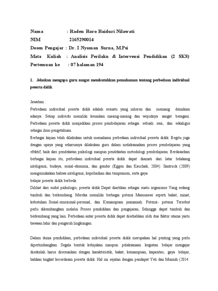 Raden Roro Baiduri NW Analisis Perilaku Intervensi Pendidikan PT 7 | PDF