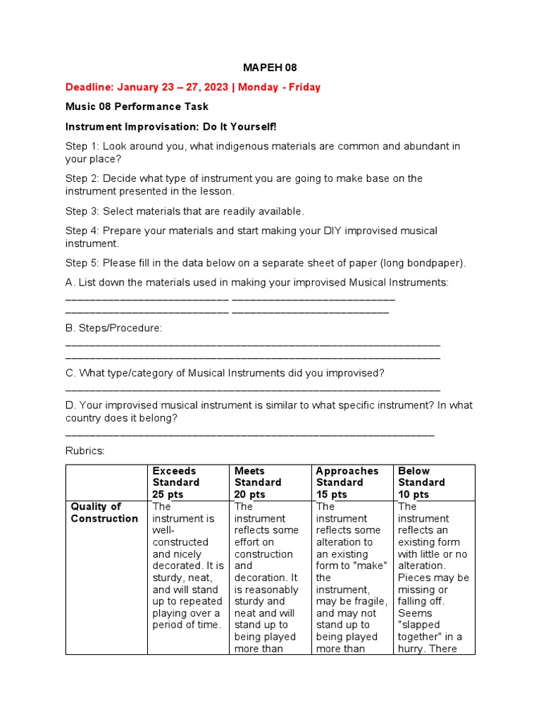 Performance Task | PDF | Musical Instruments | Understanding