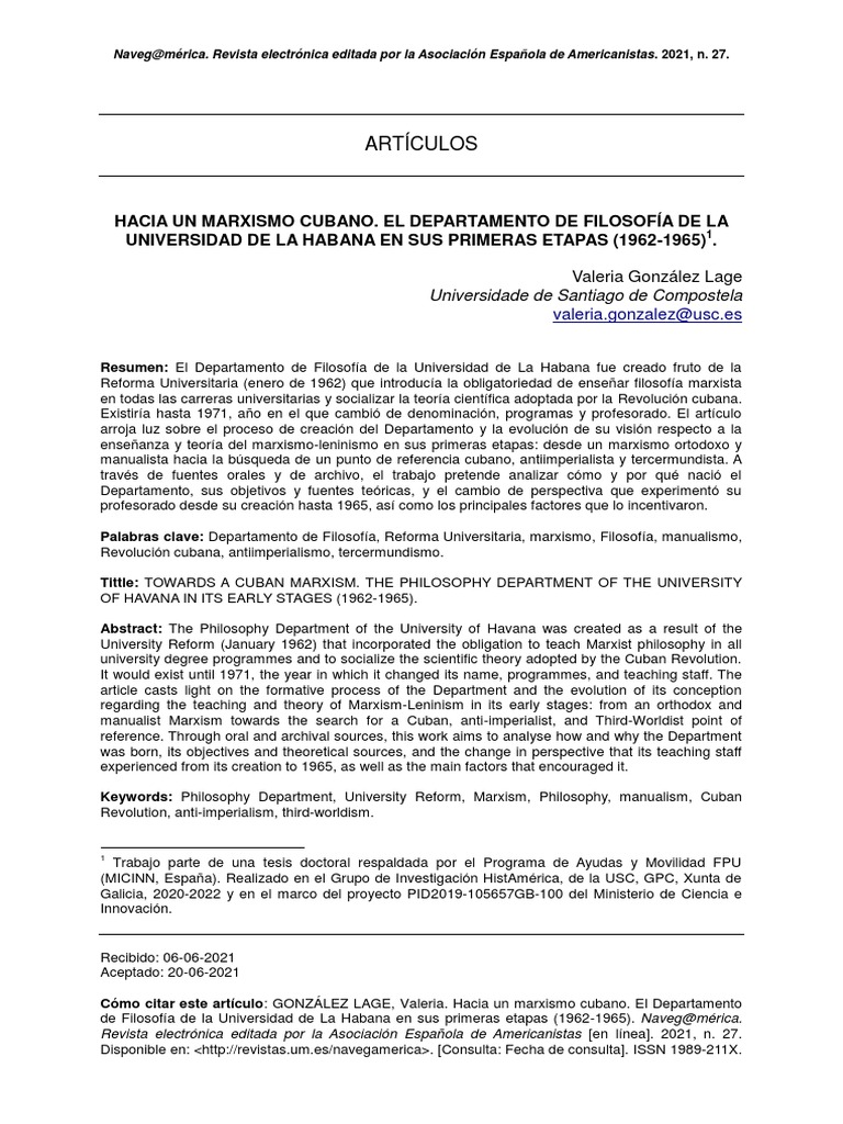 Hacia Un Marxismo Cubano. El Departamento de Filosofía de La ...
