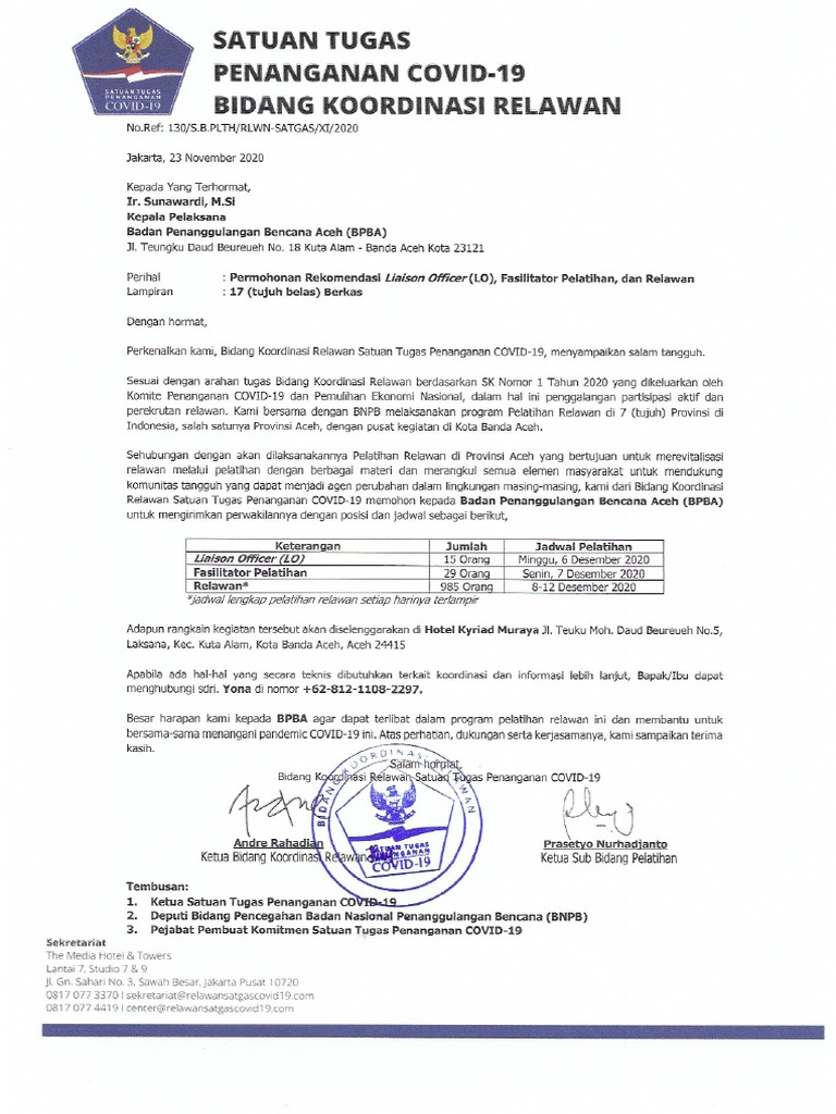 130 - Surat Permohonan Rekomendasi LO, Fasilitator, Dan Relawan - BPBA ...