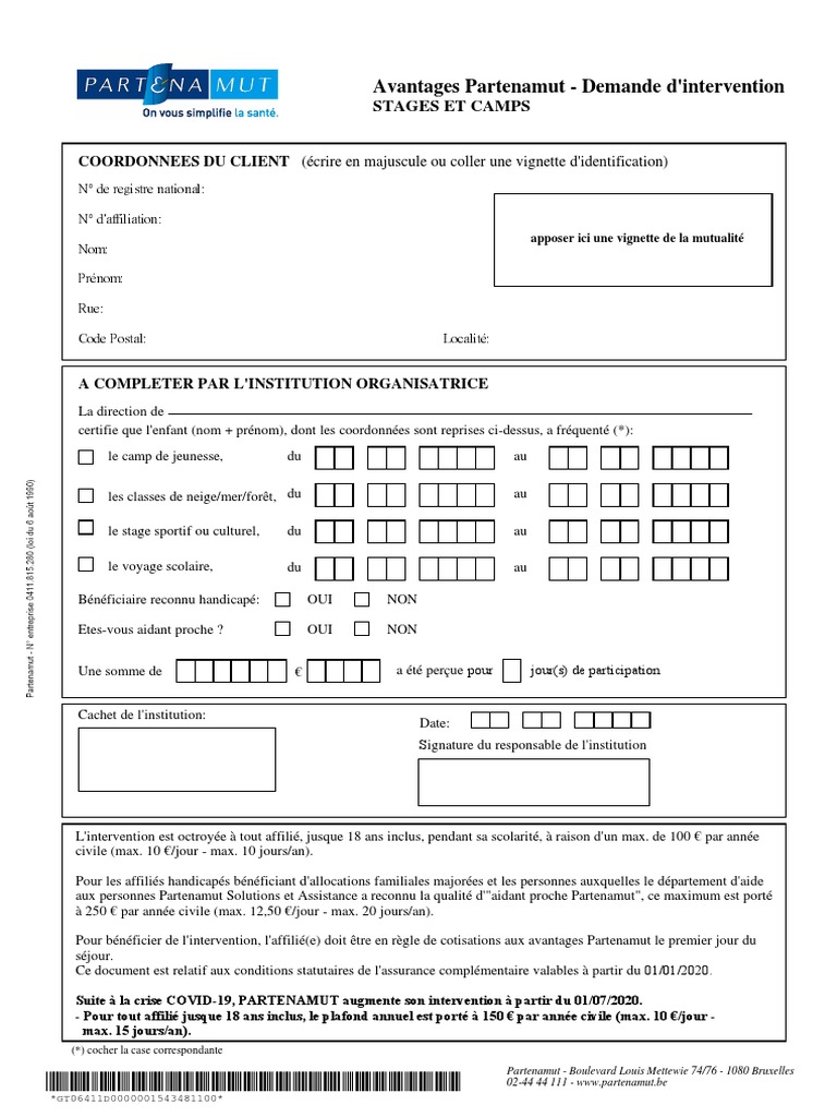 Formulaire Stage Partenamut | PDF | Invalidité