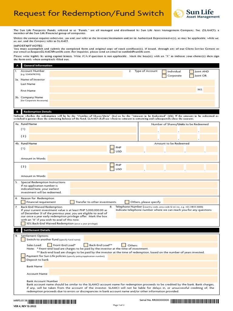 Sun Life Fund Redemption Form | PDF | Stocks | Banks