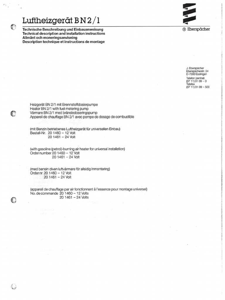 Eberspacher BN2 Technical Description and Installation Instruction | PDF