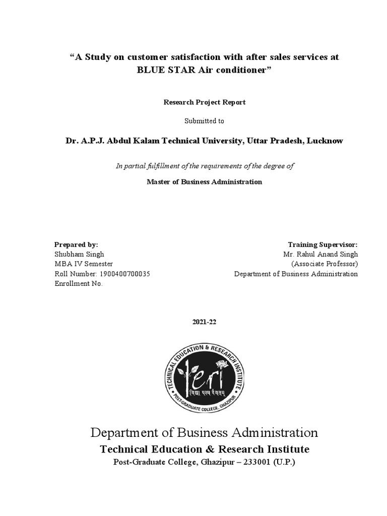 A Study On Customer Satisfaction With After Sales Services at BLUE STAR Air Conditioner ...