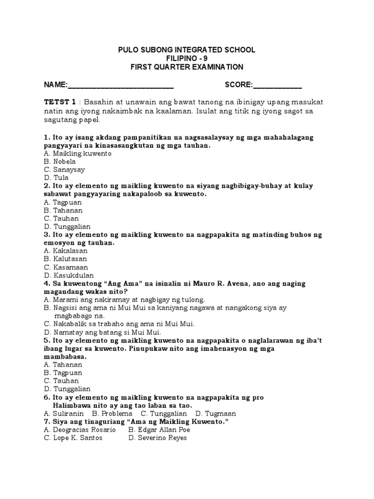 Grade 9 Filipino Exam | PDF