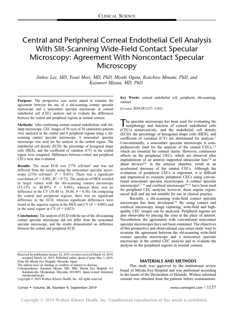 Central and Peripheral Corneal Endothelial Cell Analysis With Slit-Scanning Wide-Field Contact ...