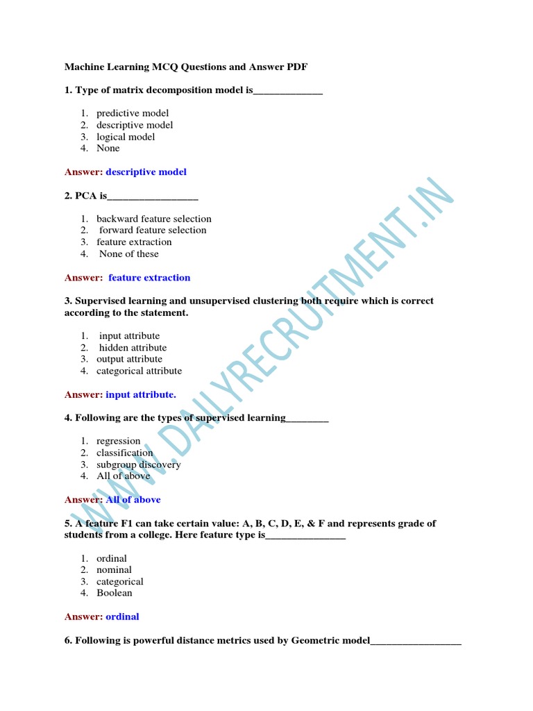 ML MCQ Questions and Answer PDF | PDF ML MCQ Questions and Answer PDF | PDF