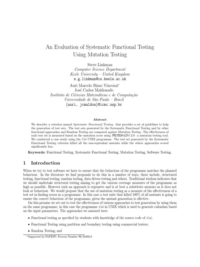2003 Linkman An Evaluation Of Systematic Functional Testing Using Mutation Testing Download