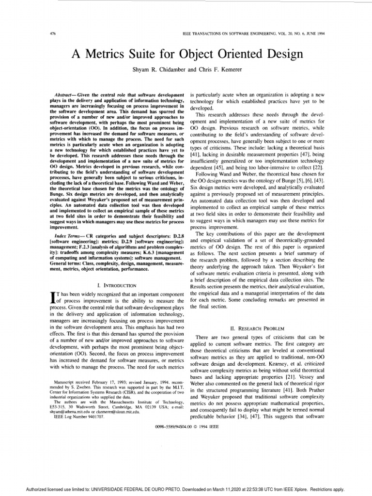 A Metrics Suite For Object Oriented Design - 1994 | PDF | Class (Computer Programming) | Object ...