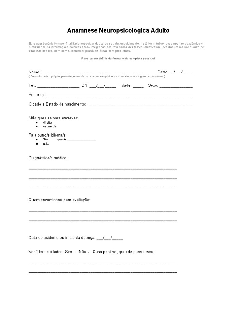 Anamnese Neuropsicológica Adulto | PDF | Gravidez | Alcoolismo