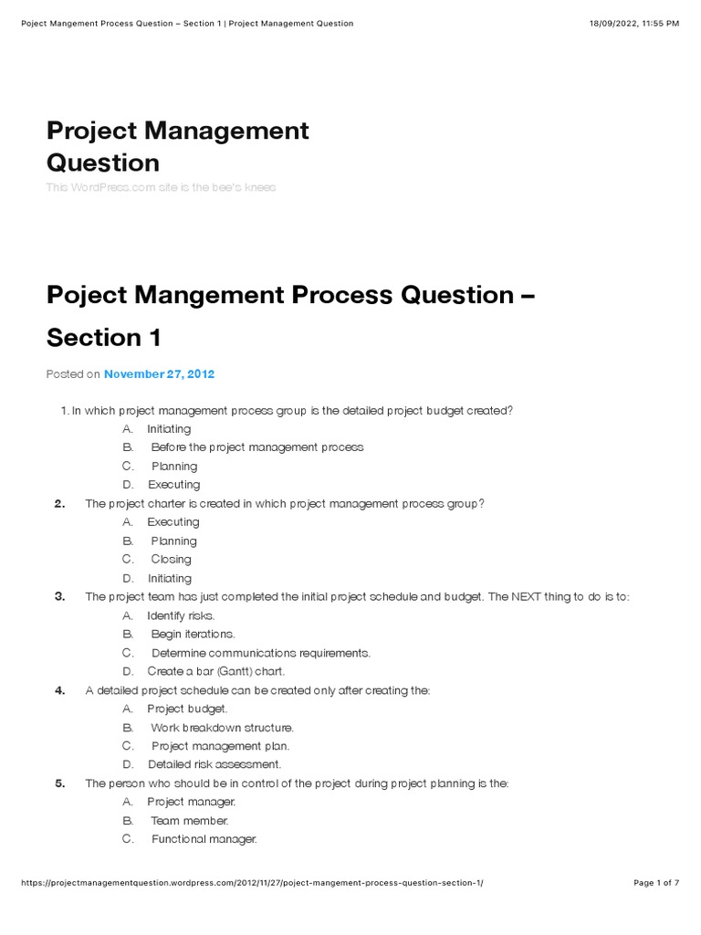 Poject Mangement Process Question - Section 1 - Project Management ...