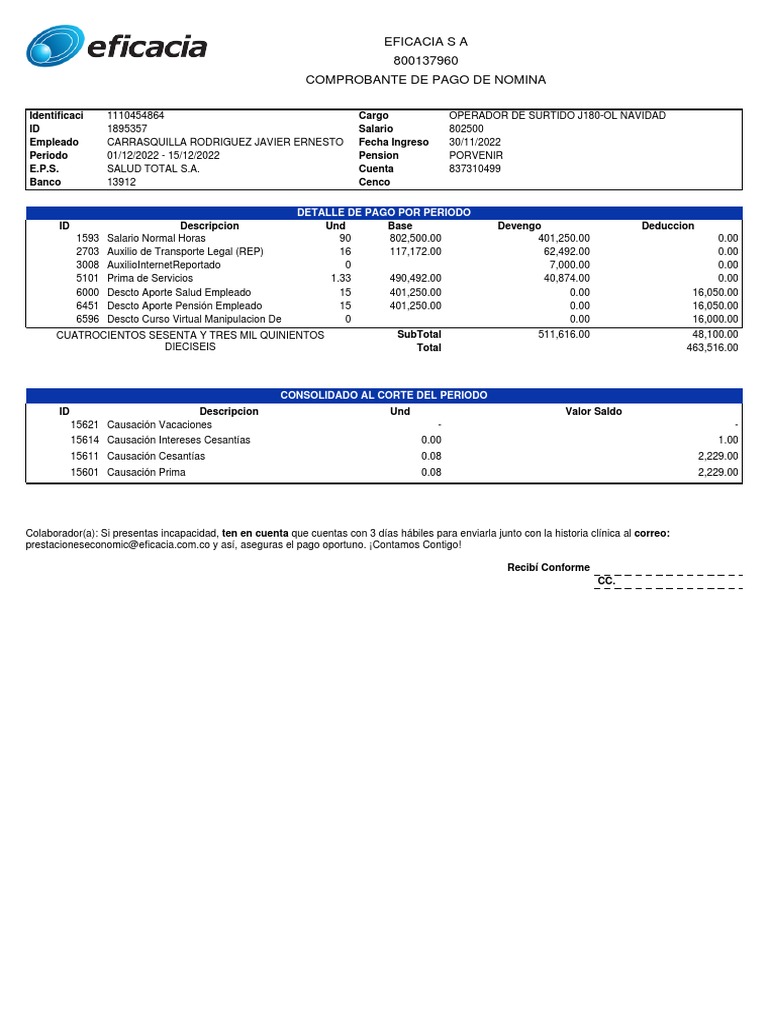 Eficacia S A 800137960 Comprobante de Pago de Nomina | PDF | Sueldos y salarios | Compensación ...