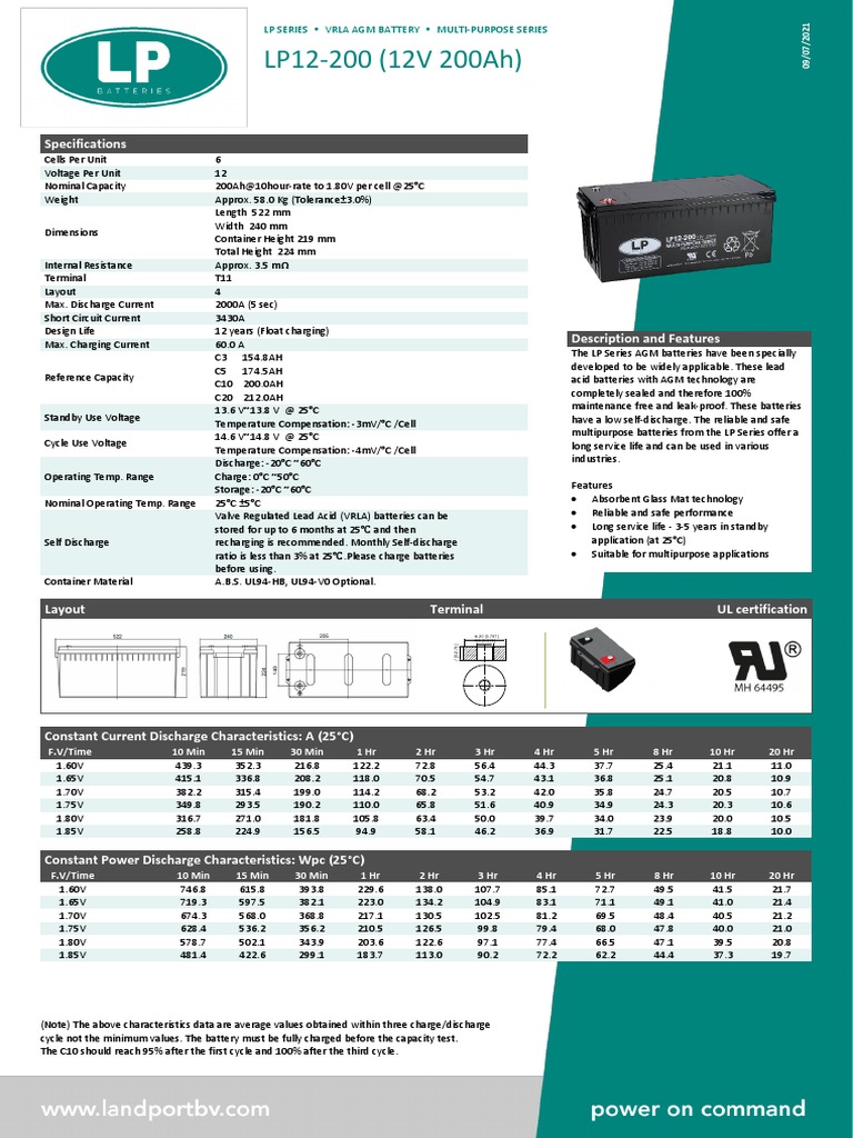 LP12-200 - LP SERIES - VRLA AGM Battery - Multi-Purpose Series.4b23d6 | PDF | Physical ...
