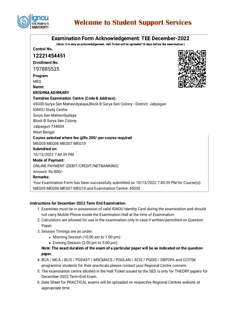 IGNOU - Examination Form Acknowledgement | PDF