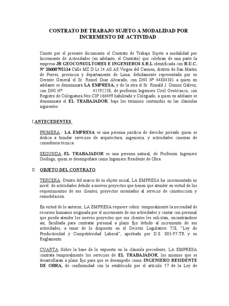 Modelo de Contrato de Trabajo Sujeto A Modalidad Por Incremento de Actividad | PDF | Arbitraje ...