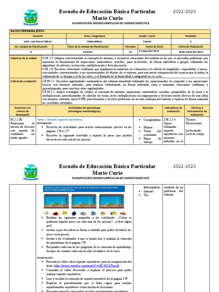 Unidad 6 Cuarto 2022 Corregido | PDF | División (Matemáticas) | Educación primaria