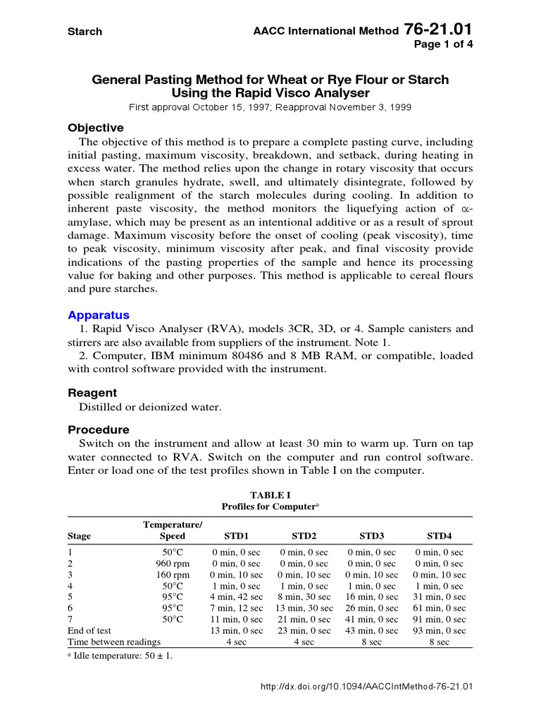 RVA Method for Starch Pasting Analysis | PDF | Starch | Viscosity