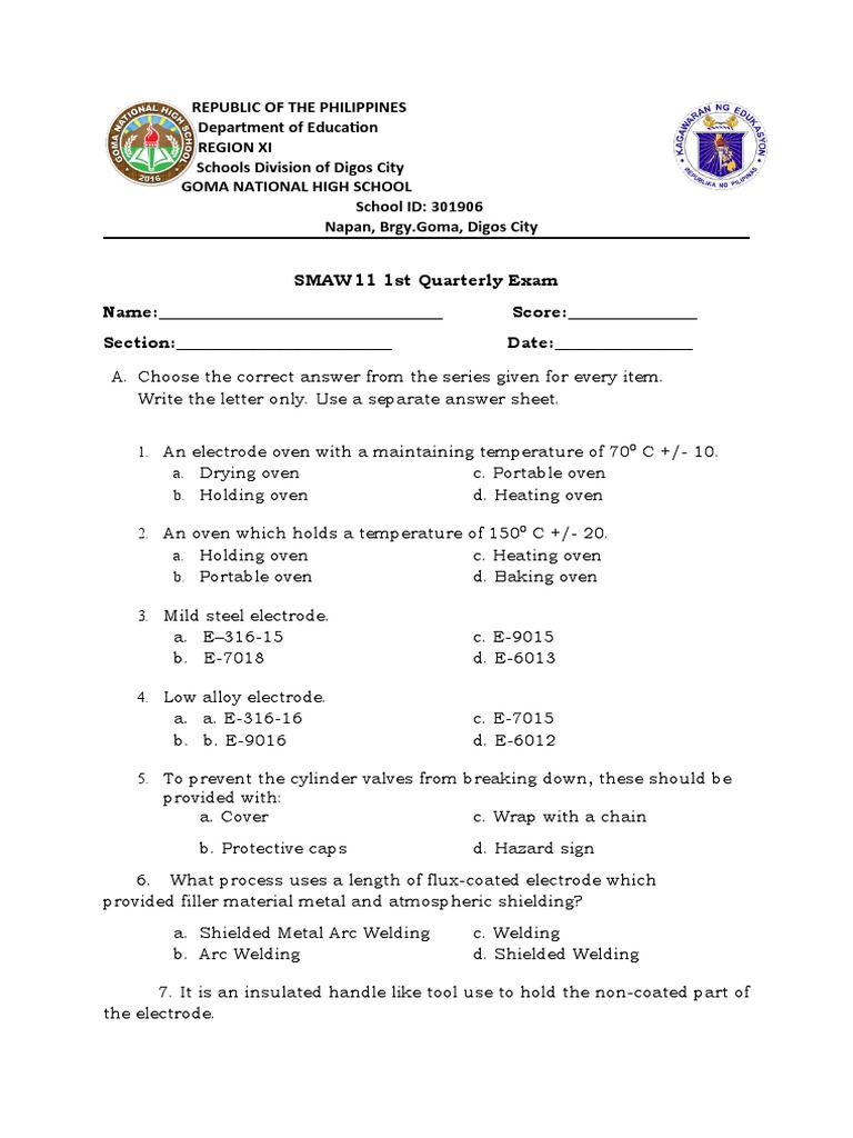 Smaw EXAM | PDF | Welding | Construction