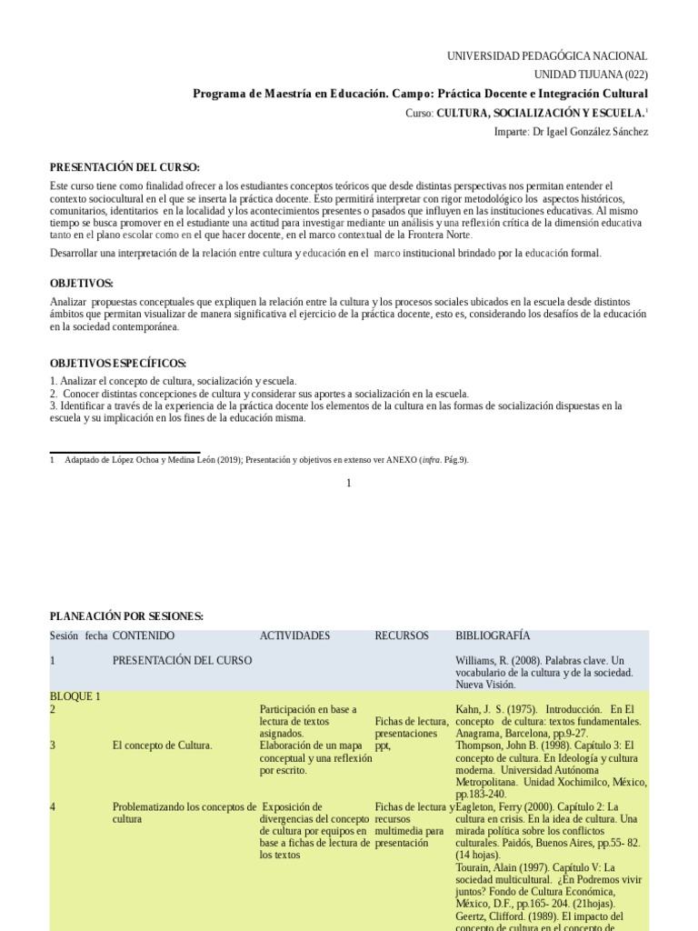 CULTURA, SOCIALIZACIÓN Y ESCUELA Programación y Plan de Trabajo Igs Sept 2020 | PDF ...