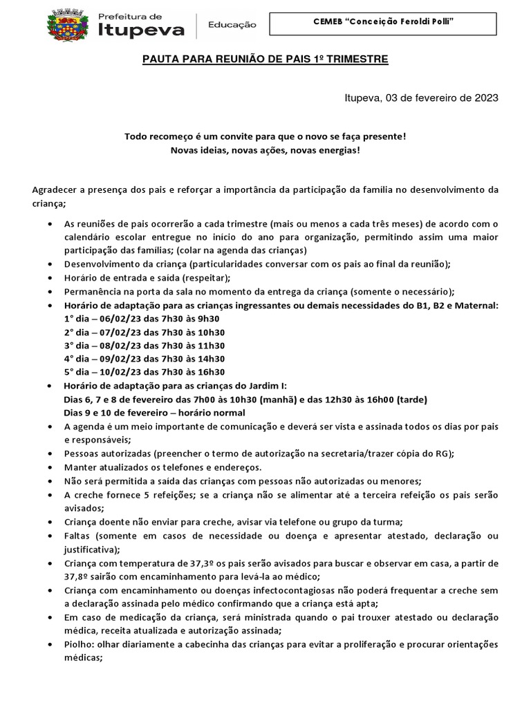 Pauta Reunião de Pais | PDF