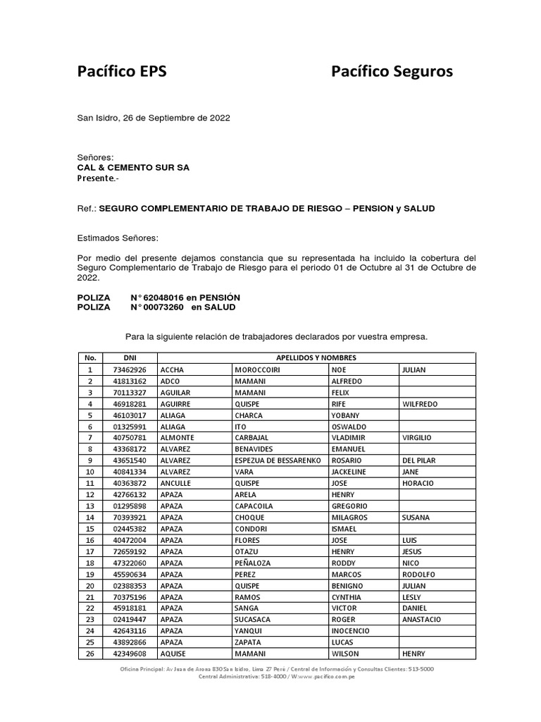 CAL Y CEMENTO SUR SCTR OCTUBRE 2022 ADELANTADA 1 Const | PDF