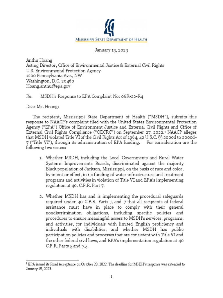 MSDH's Response To NAACP's EPA Complaint (City of Jackson) | PDF ...