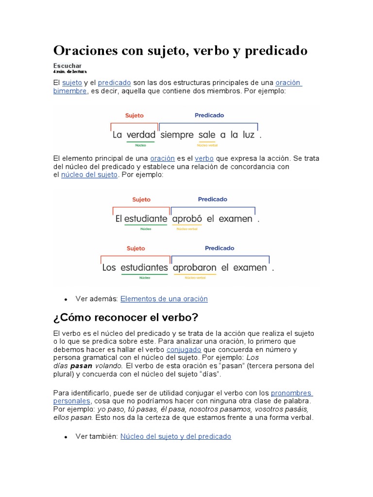 Oraciones Con Vervo 03 Pdf Verbo Asunto Gramática