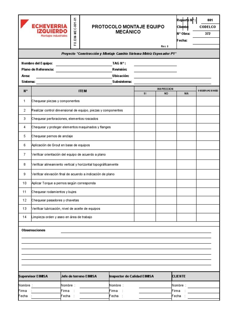 FO - EIM-MEC-001-01 Protocolo Montaje de Equipo Mecanico Rev.0 | PDF | Ingeniería mecánica ...