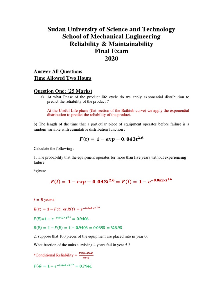 Reliability and Maintainability Exam 2020 | PDF | Reliability Engineering | Systems Engineering