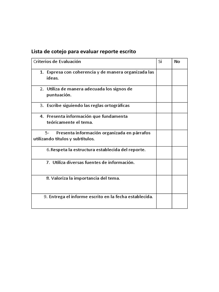 Lista de Cotejo para Evaluar Reporte Escrito | PDF
